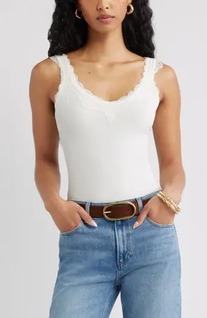 OPEN EDIT Lace Trim Ribbed Tank Top - Ivory