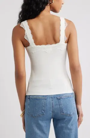 OPEN EDIT Lace Trim Ribbed Tank Top - Ivory