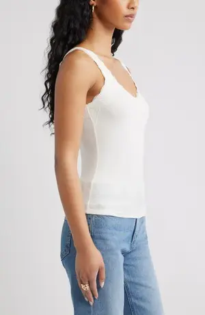 OPEN EDIT Lace Trim Ribbed Tank Top - Ivory
