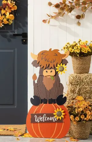 GLITZHOM 30"h Fall Wood Highland Cow Porch Decor