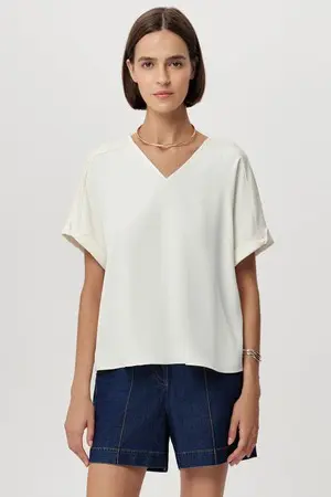 EXQUISE V Neck Short Sleeve Blouse