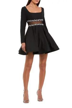 Mac Duggal Long Sleeve Crepe Mini Dress With Jewel Embellishment - Black