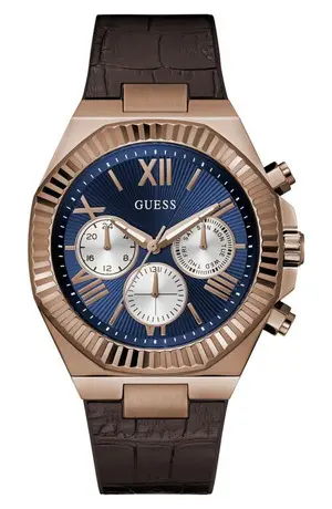 Guess Coffee Chronograph Leather & Silicone Strap Watch - Brown