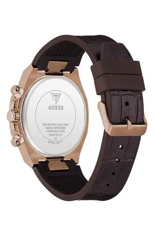 Guess Coffee Chronograph Leather & Silicone Strap Watch