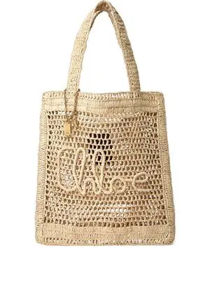 Chloé Beige Raffia Openwork Weave Tote Bag - Multicolor