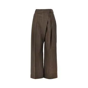 GANNI Wool Blend Pinstripe Wide Leg Trousers - Brown