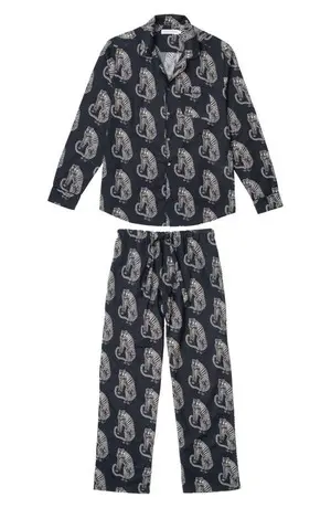Desmond & Dempsey Tiger Print Long Sleeve Cotton Pajamas - Black/cream