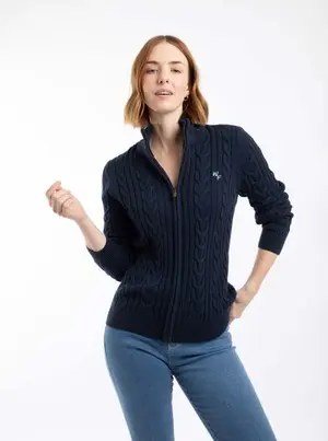 WEIRD FISH Full Zip Cable Knit Cardigan - Navy