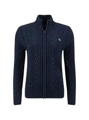 WEIRD FISH Full Zip Cable Knit Cardigan - Navy