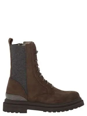 Brunello Cucinelli Suede And Cashmere Combat Boots With Monili Trim - Brown