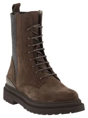 Brunello Cucinelli Suede And Cashmere Combat Boots With Monili Trim