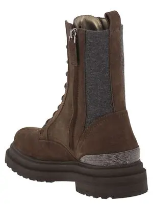 Brunello Cucinelli Suede And Cashmere Combat Boots With Monili Trim