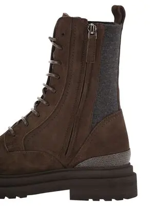 Brunello Cucinelli Suede And Cashmere Combat Boots With Monili Trim