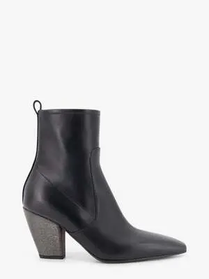 Brunello Cucinelli Leather Ankle Boots With Embellished Heel - Black