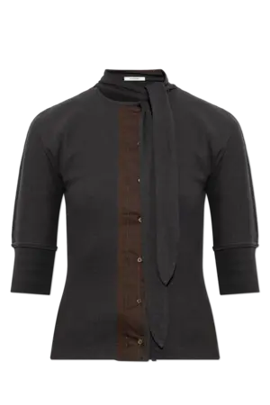 LEMAIRE Ribbed Knit Top With Decorative Tie - Grey