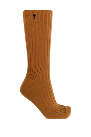 AMI Paris Ribbed Crew Socks With Logo Detail - Brown