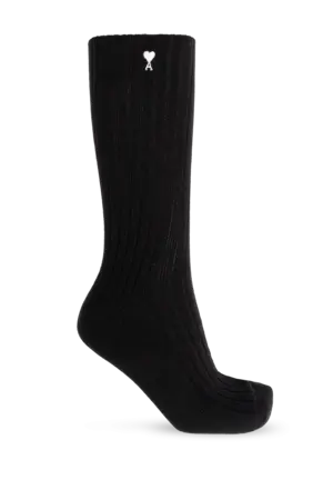 AMI Paris Ribbed Crew Socks With Embroidered Logo - Black