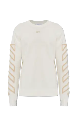 Off-White Wool Sweater With Diagonal Stripes - Cream