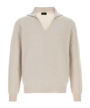 Brioni V-neck Ribbed Long Sleeve Sweater - Beige