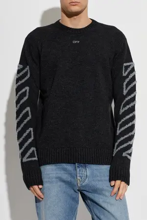 Off-White Wool Sweater With Diagonal Stripe And Arrow Graphics