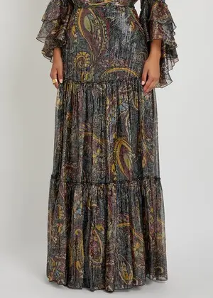 Etro Tiered Metallic Silk Midi Skirt