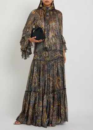 Etro Tiered Metallic Silk Midi Skirt