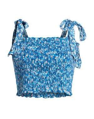 Poupette St Barth Woven Floral Print Shirred Square Neck Top - Blue