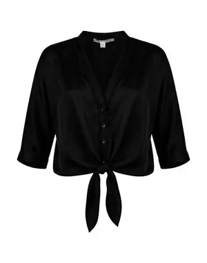 Poupette St Barth Ruched Satin Front Tie Shirt - Black