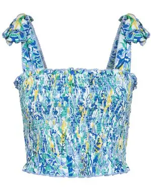 Poupette St Barth Ecovero Viscose Floral Print Shirred Cropped Top