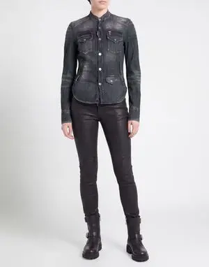 Dsquared2 Distressed Cotton Denim Shirt With Mandarin Collar