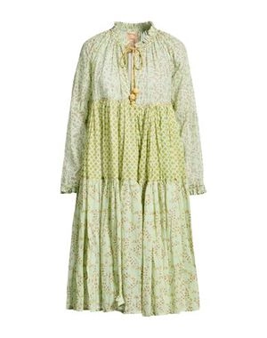 Yvonne S Light Cotton Tiered Embroidered Midi Dress - Green