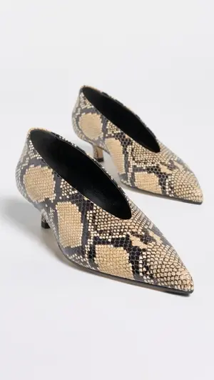AeydĒ Clara Snake Print Leather Kitten Heel Pumps