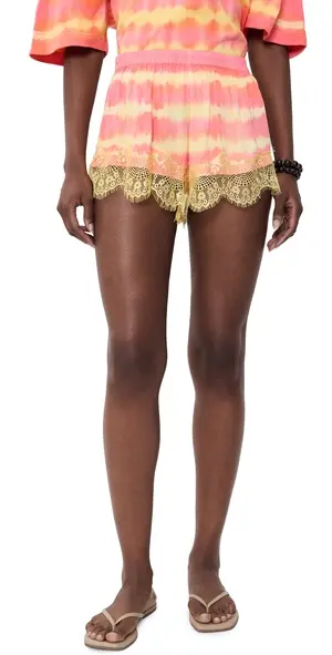 CIAO CIAO VACATION Pink Tie-dye Lace Trim Shorts - Sunkiss