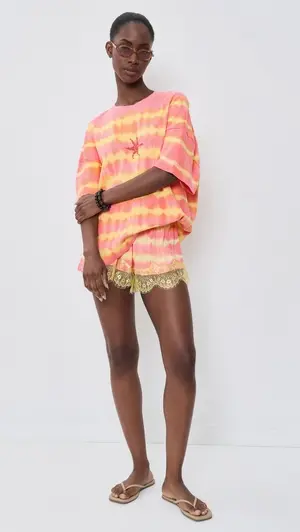 CIAO CIAO VACATION Pink Tie-dye Lace Trim Shorts