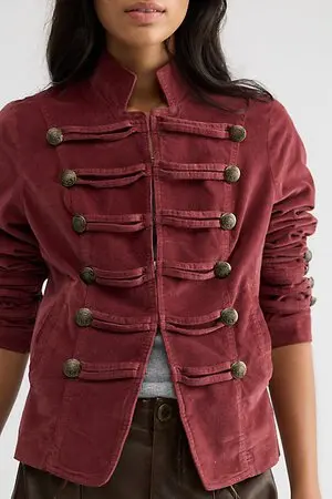 Free People Fitted Velvet Military Jacket - Garnet Royale