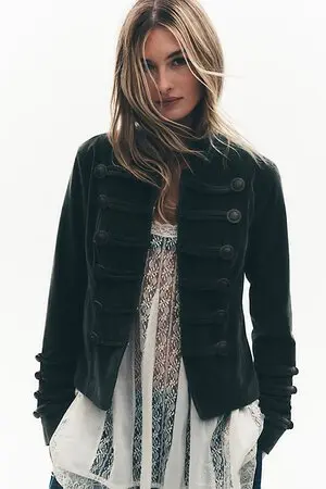 Free People Fitted Velvet Military Jacket - Magnolia Leaves