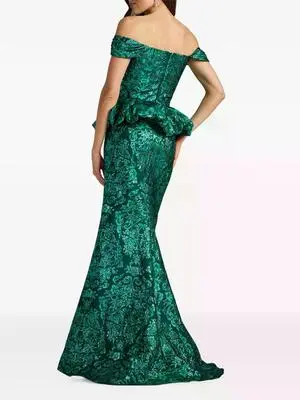 Tadashi Shoji Corliss Peplum Damask-pattern Maxi Dress