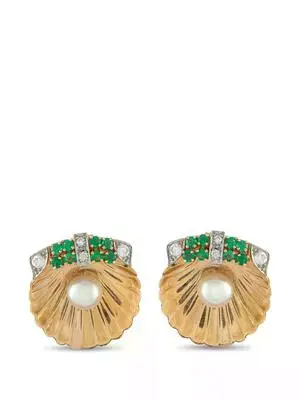 LB EXCLUSIVE 14k Yellow Pearl And Emerald Shell Earrings