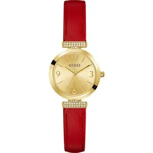 Guess Goldtone Leather Strap Watch - Red