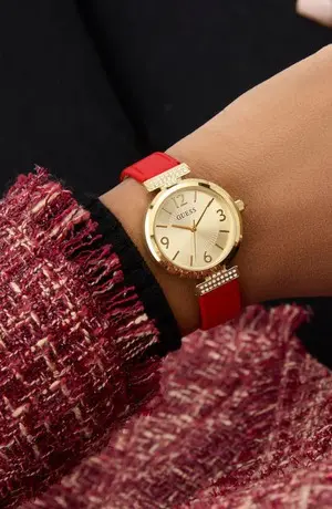 Guess Goldtone Leather Strap Watch