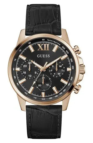 Guess Walker Dial Multifunction Leather Strap Watch - Black