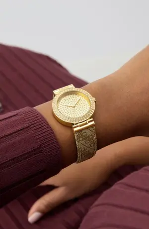 Guess Goldtone & Crystal Logo Leather Strap Watch