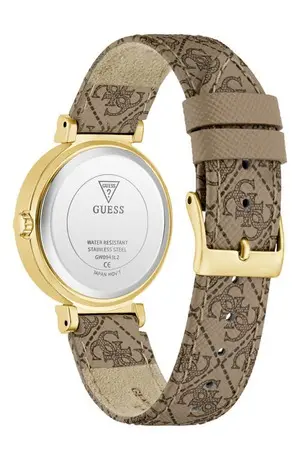 Guess Goldtone & Crystal Logo Leather Strap Watch