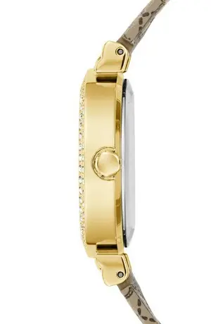 Guess Goldtone & Crystal Logo Leather Strap Watch