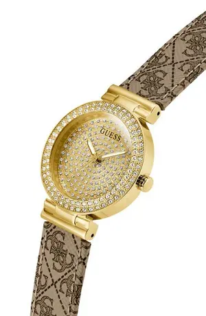 Guess Goldtone & Crystal Logo Leather Strap Watch