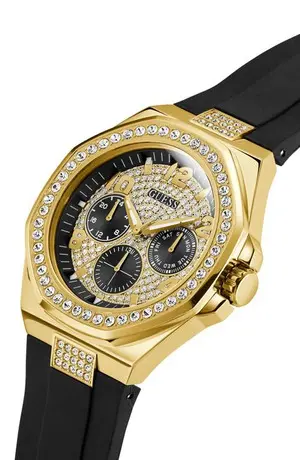 Guess Crystal Detail Multifunction Silicone Strap Watch - Black/gold