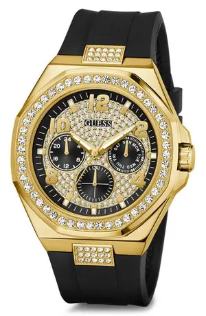Guess Crystal Detail Multifunction Silicone Strap Watch - Black/gold