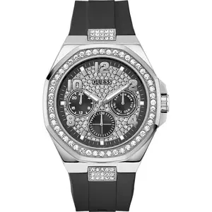Guess Crystal Detail Multifunction Silicone Strap Watch - Black/silver