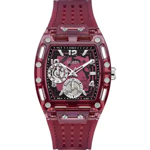 Guess Phoenix Translucent Tonneau Multifunction Silicone Strap Watch - Red