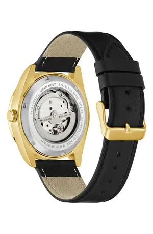 Guess Open Heart Automatic Leather Strap Watch - Black/gold
